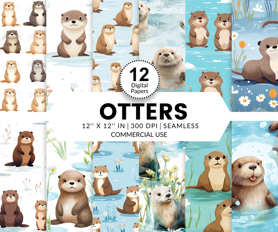 12 Otters Digital Papers, Seamless Patterns, 12x12, Watercolor Images ...