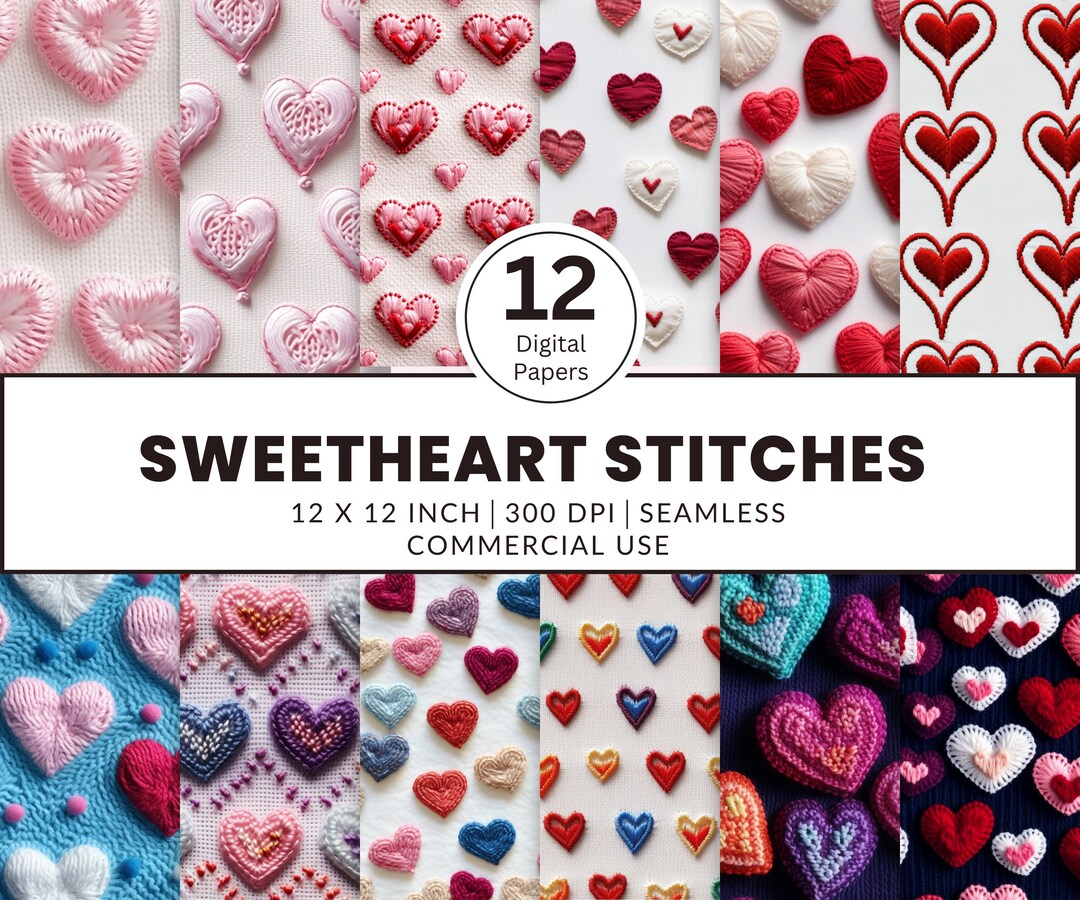 12 Sweetheart Stitches Digital Papers, Seamless Patterns, 12x12 ...