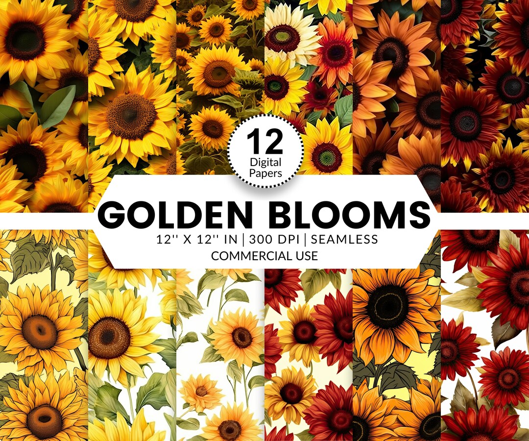 12 Golden Blooms Digital Papers, Seamless Patterns, 12x12, Realistic ...