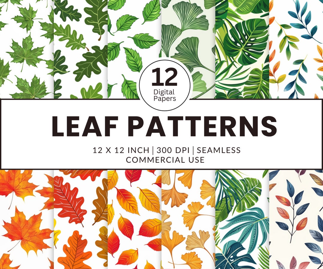 12 Leaf Patterns Digital Papers, Seamless Patterns, 12x12, Vector ...