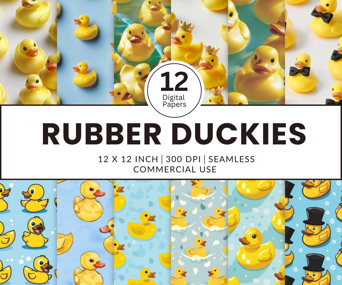 12 Rubber Duckies Digital Papers, Seamless Patterns, 12x12, Realistic ...