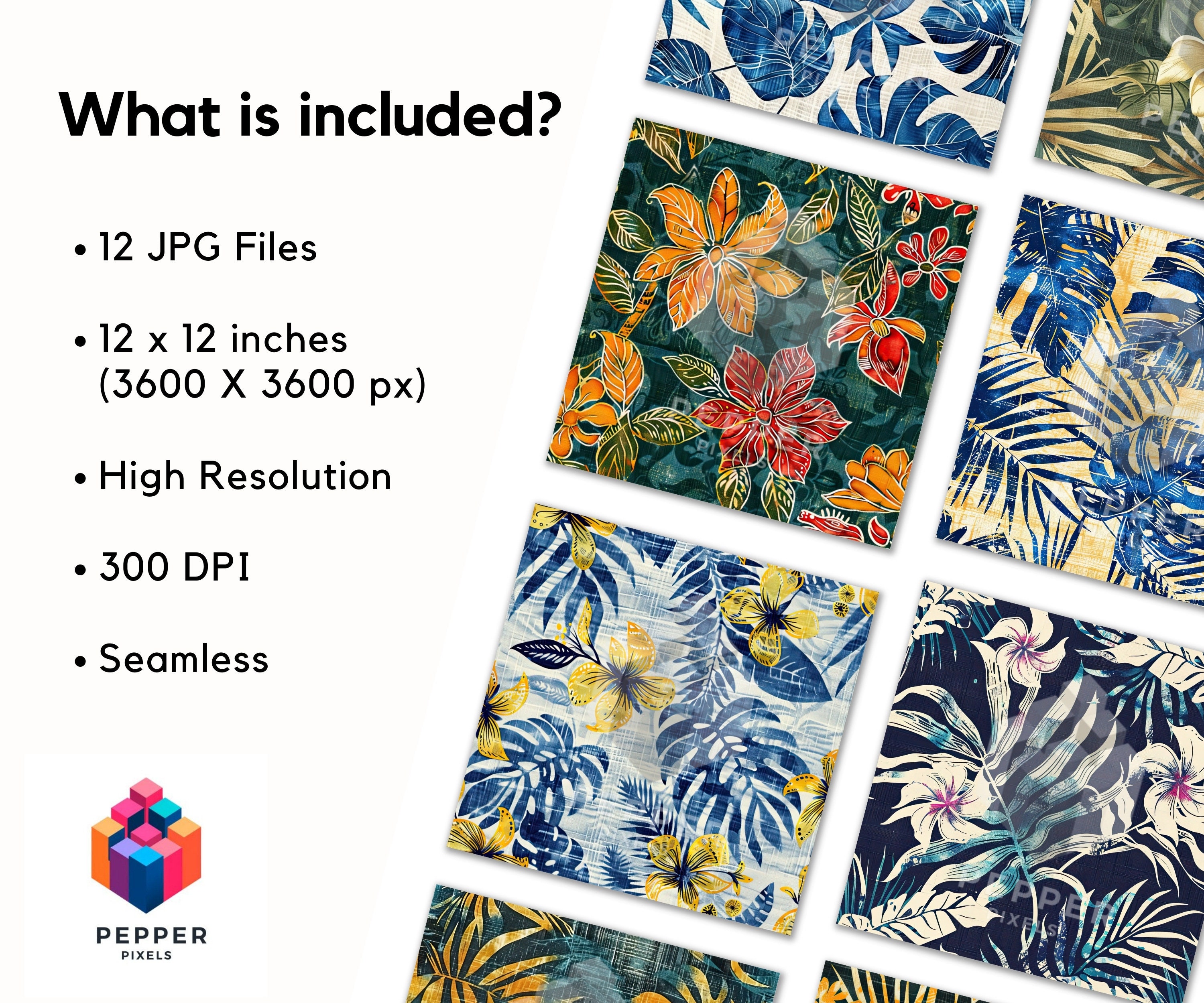 12 Tropical Batik, Seamless Patterns, 12x12, 3D Photo Realistic ...