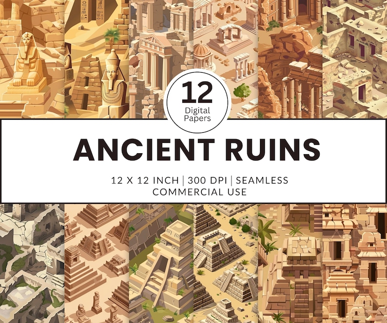 12 Ancient Ruins Digital Papers, Seamless Patterns, 12x12 ...