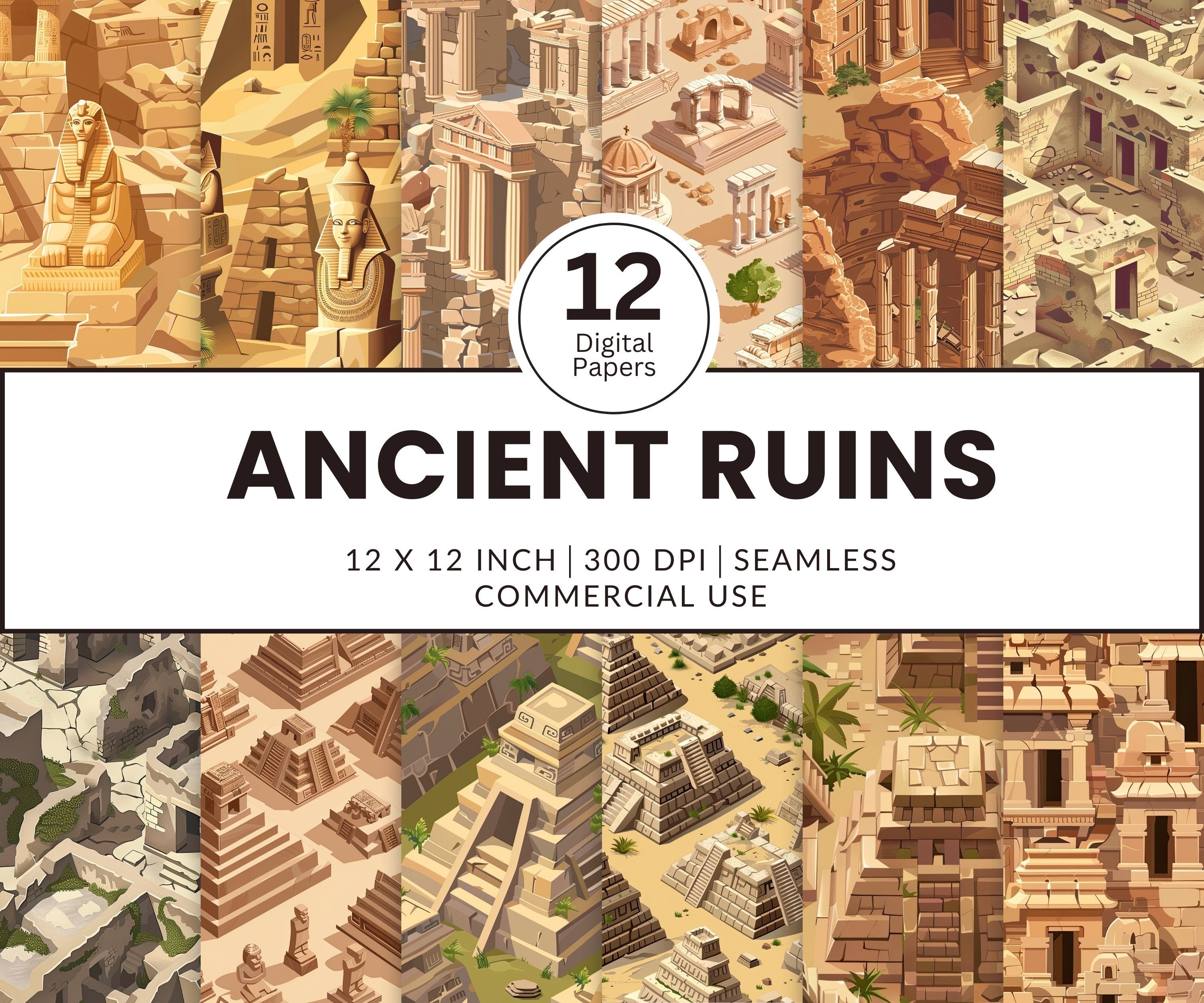 12 Ancient Ruins Digital Papers, Seamless Patterns, 12x12 ...
