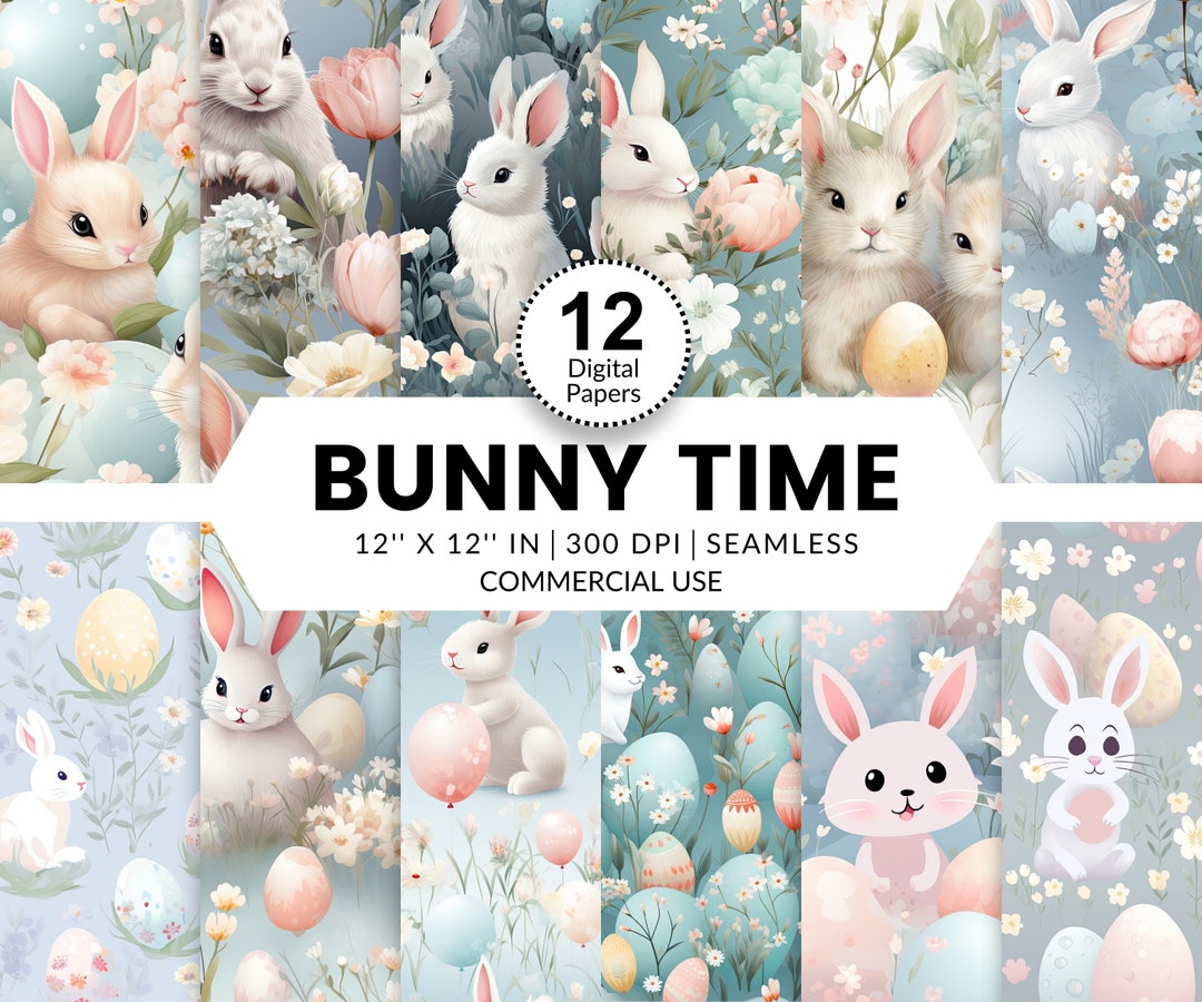 12 Bunny Time Digital Papers, Seamless Patterns, 12x12, Cute Images of ...