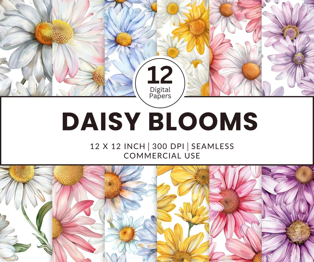 12 Daisy Blooms Digital Papers, Seamless Patterns, 12x12, Watercolor ...