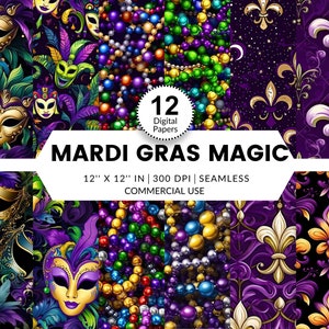 12 Mardi Gras Magic Digital Papers, Seamless Patterns, 12x12, Realistic ...