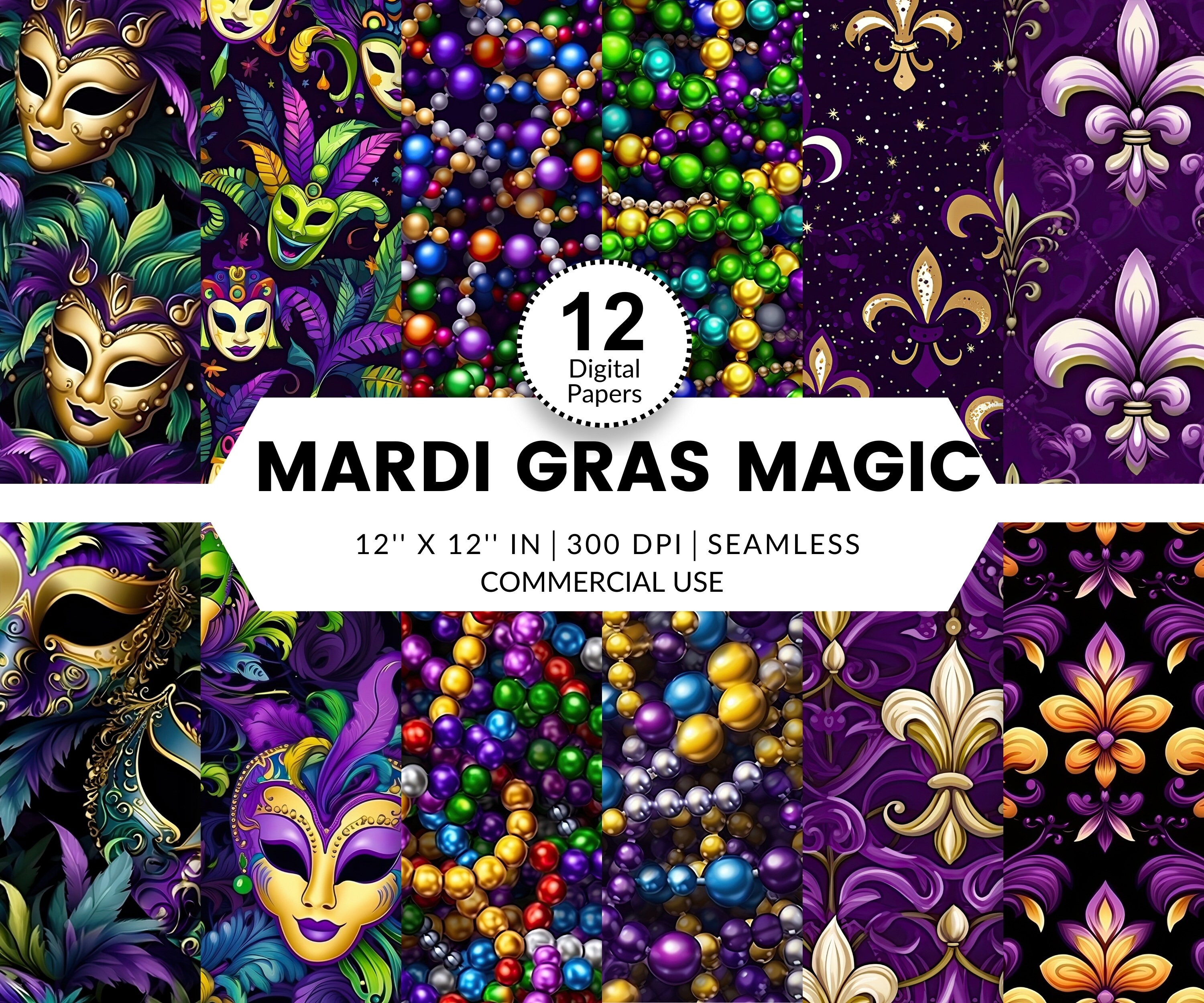 12 Mardi Gras Magic Digital Papers, Seamless Patterns, 12x12, Realistic ...