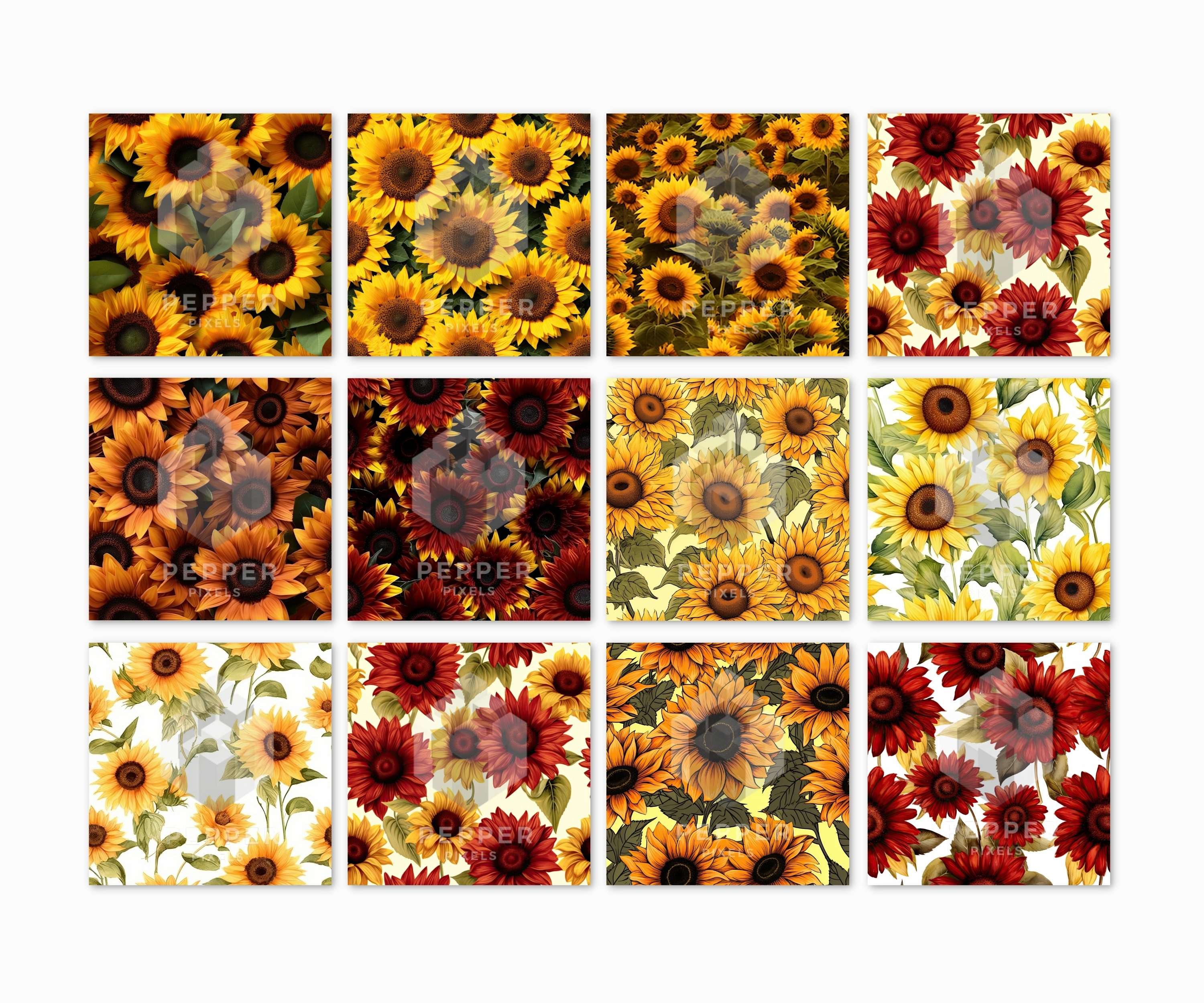 12 Golden Blooms Digital Papers, Seamless Patterns, 12x12, Realistic ...