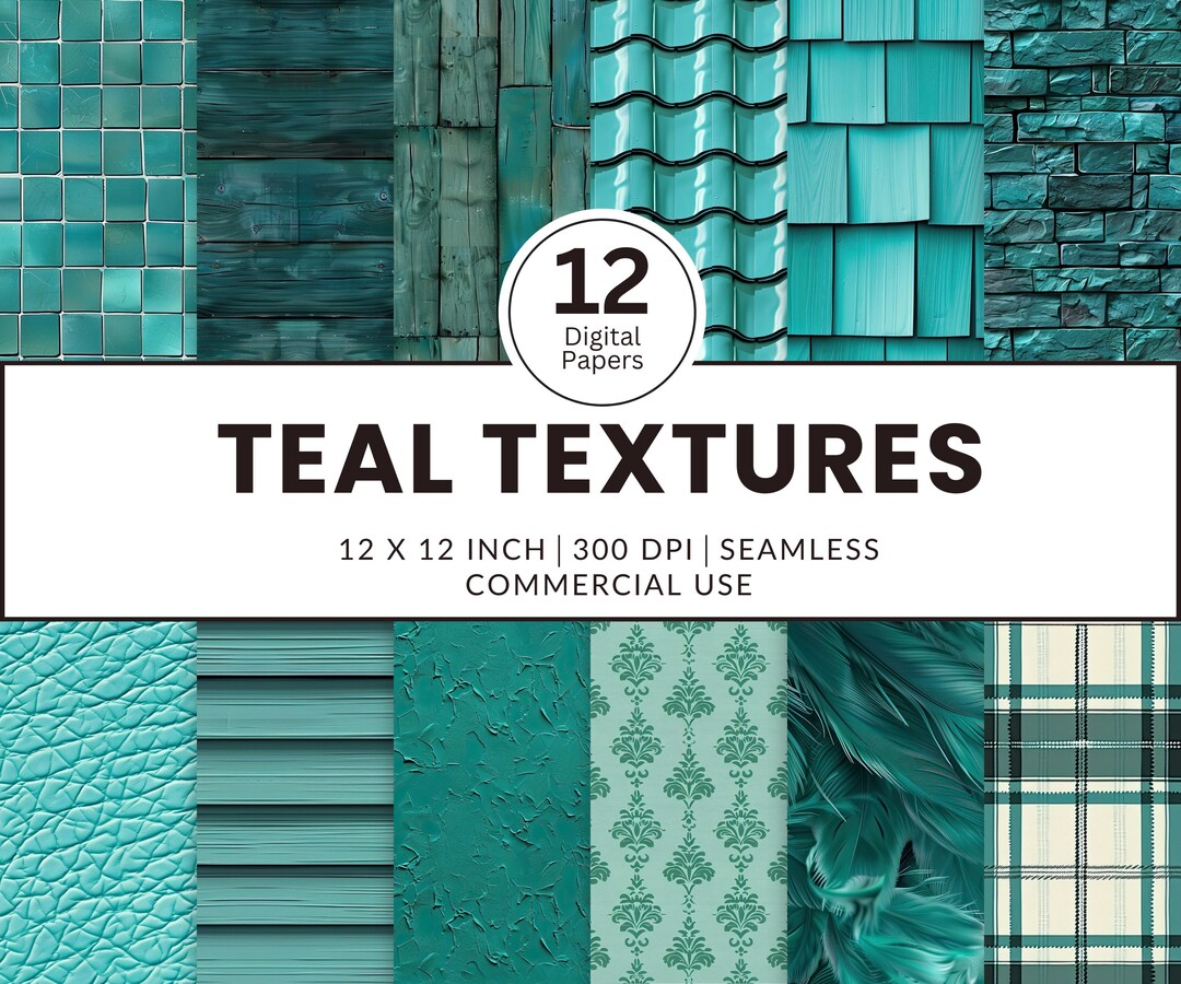 12 Teal Textures Digital Papers, Seamless Patterns, 12x12, Realistic Images Roof Siding Leather ...