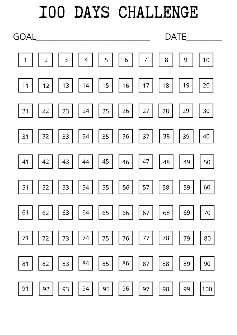 100 Days Challenge, 100 Days Checklist, Printable, Edit in Canva - Etsy