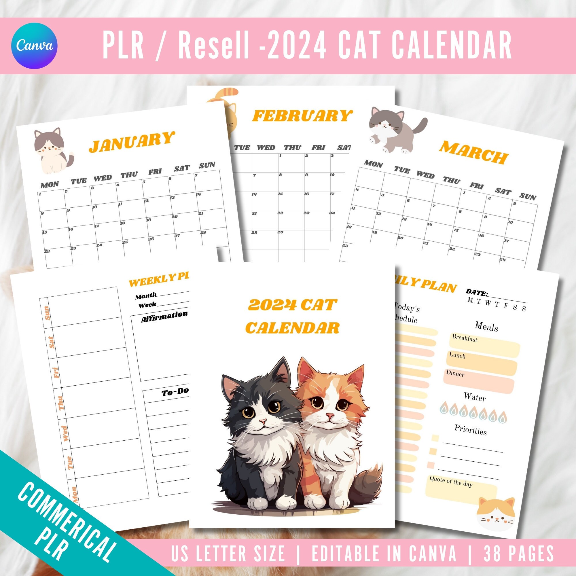 Customizable PLR Cat Calendar 2024 & Done for You Templates Printable ...