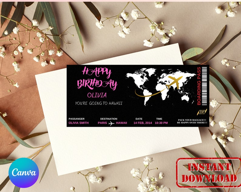 Birthday Valentines Day Boarding Pass Ticket Digital Editable Printable ...