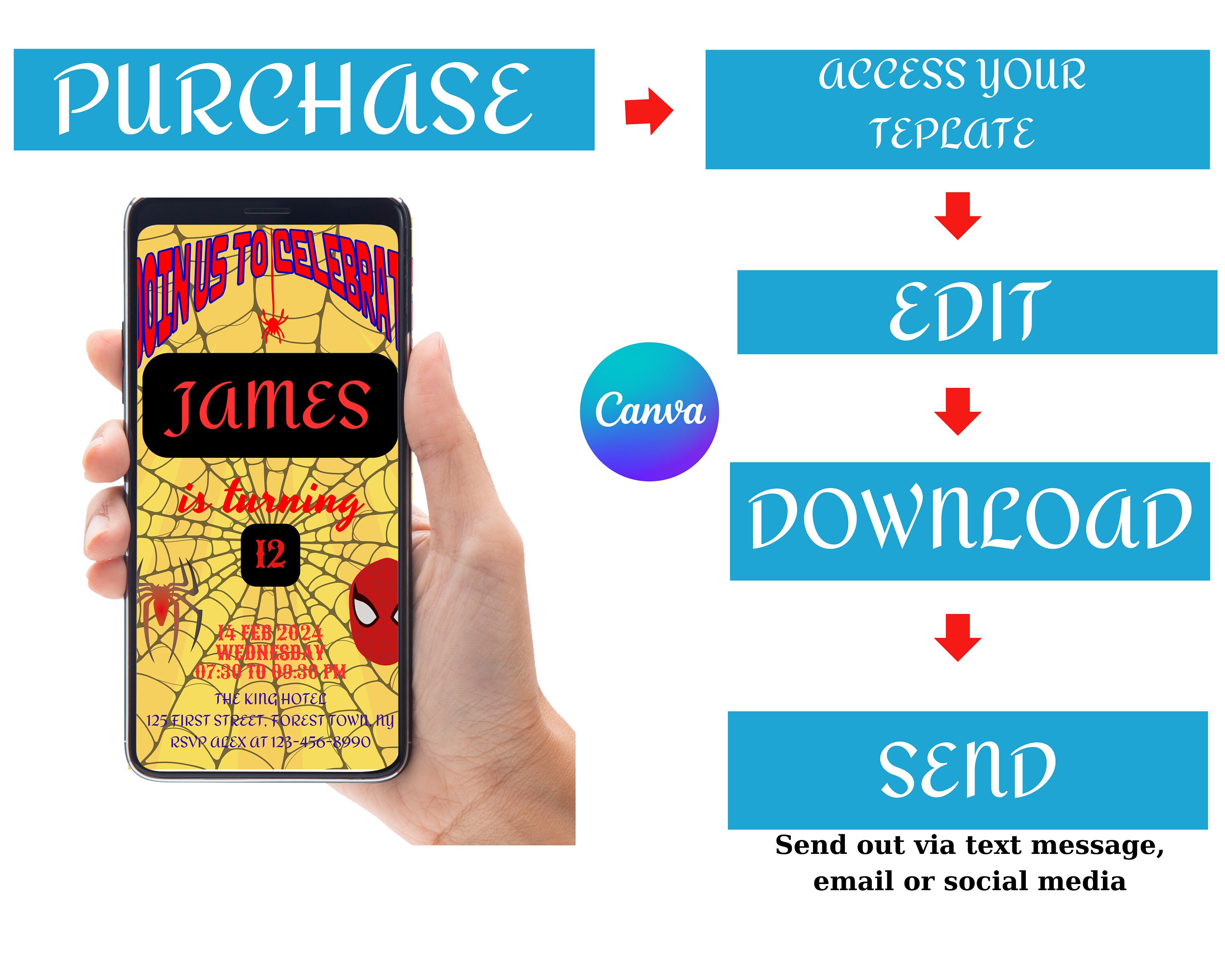 Digital Spider Man Party Invitation Editable Birthday Party Card ...