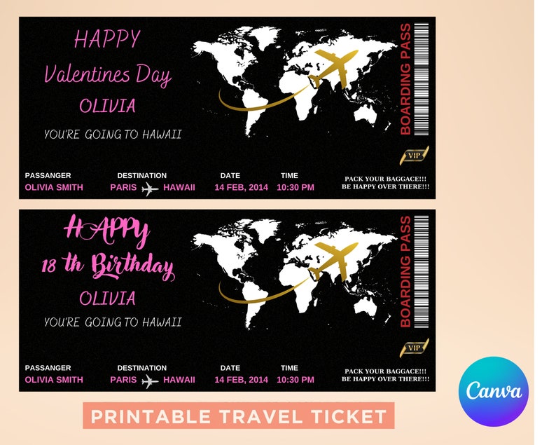 Birthday Valentines Day Boarding Pass Ticket Digital Editable Printable ...