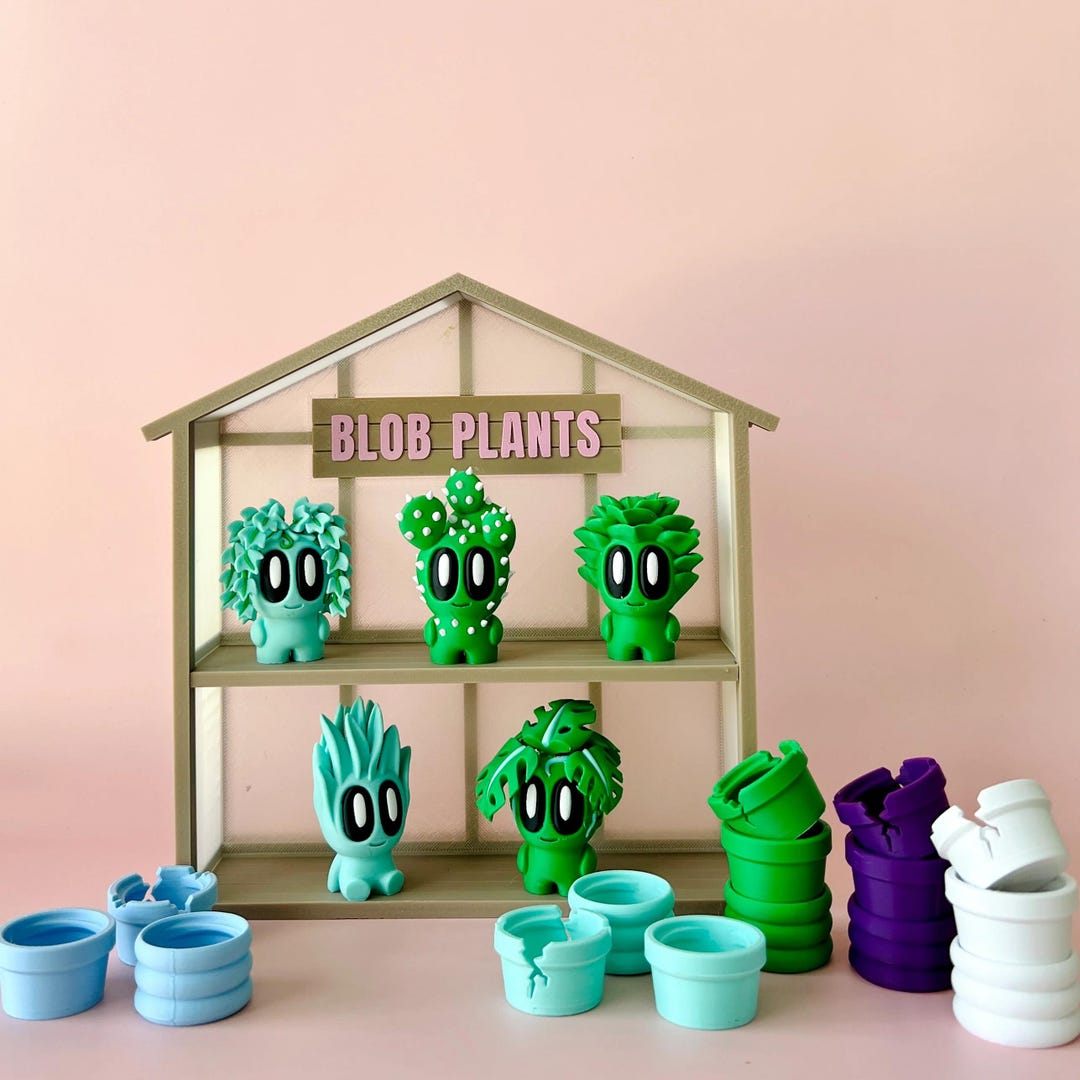 Blob Plant Family With Greenhouse Stand | 3D Printed Desk Decor Set ...