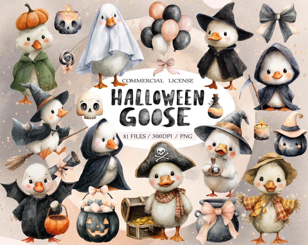 Cute Spooky Goose Clipart Bundle, Watercolor Halloween Babies Goose ...
