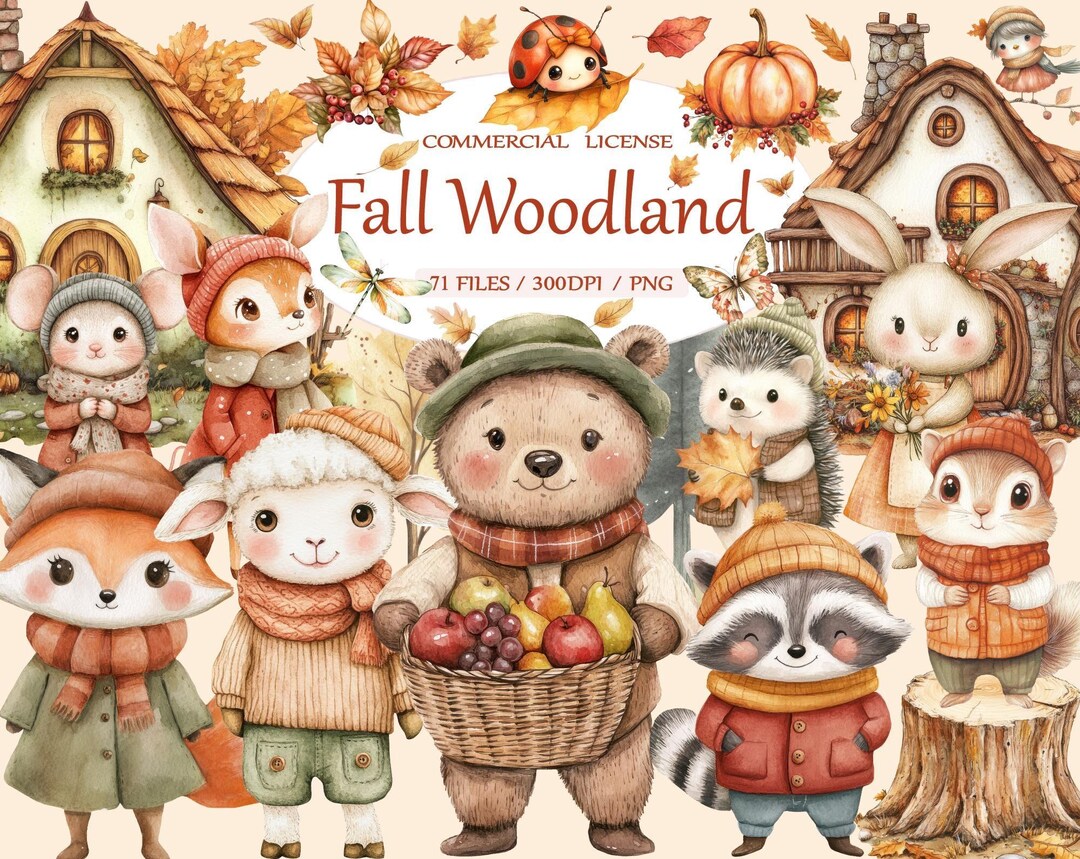 Watercolor Fall Woodland Forest Babies Animals Clipart Bundle, Cute ...