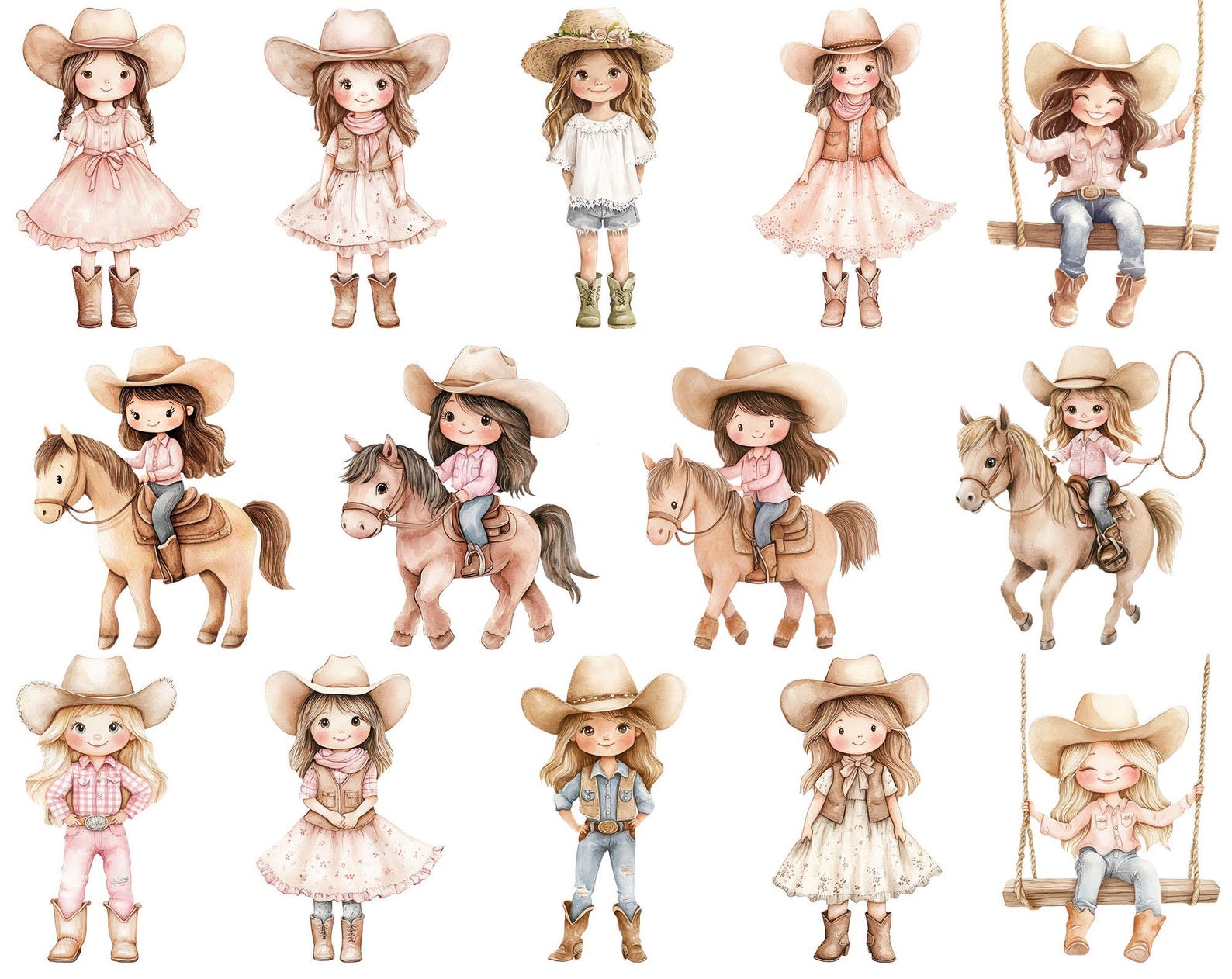 Paquete de imágenes prediseñadas de una adorable vaquera en acuarela ...