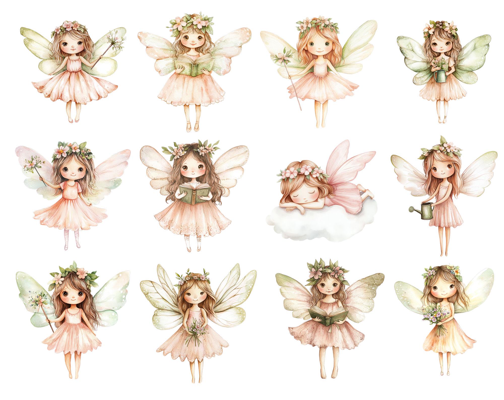 Watercolor Fairy Garden Little Pink Fairies Clipart Bundle,cute Forest ...