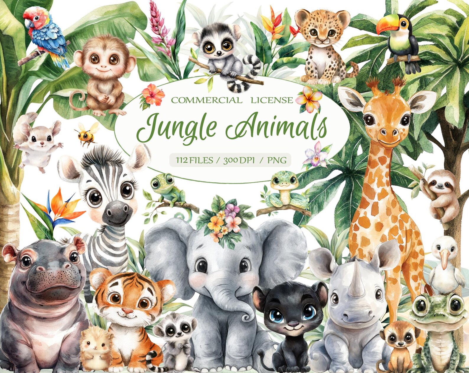 Watercolor Baby Jungle Animals Clipart Bundle, Cute Safari Animals ...
