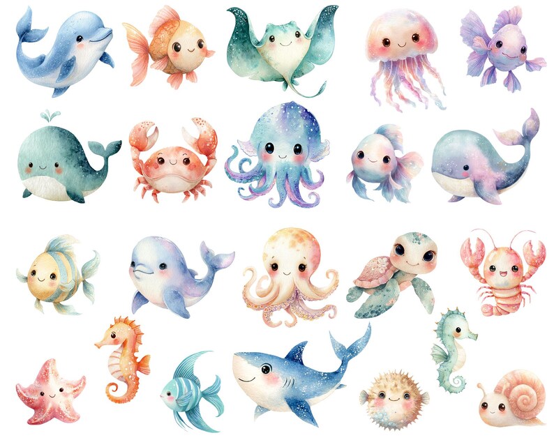 Watercolor Undersea Babies Fish Animals Clipart Bundle, Cute Ocean Sea ...
