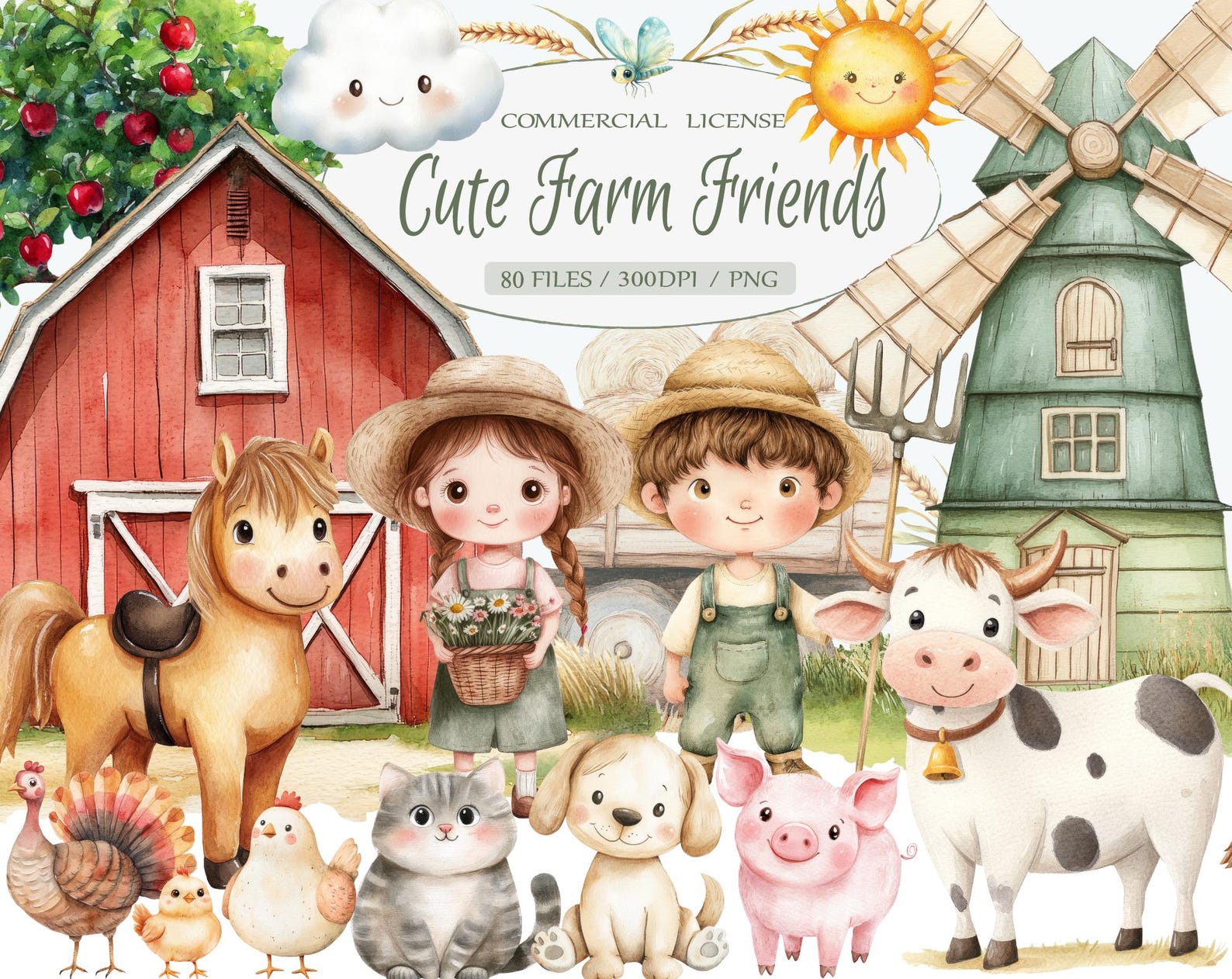 Watercolor Cute Baby Farm Animals Clipart Bundle, Cottage Nursery Art ...