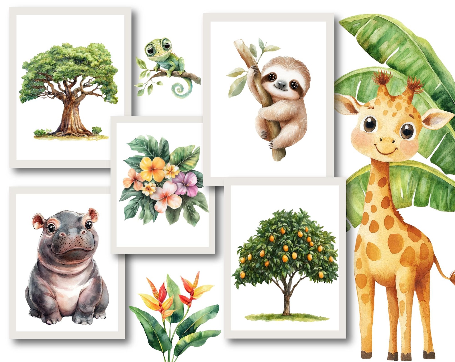 Watercolor Baby Jungle Animals Clipart Bundle, Cute Safari Animals ...