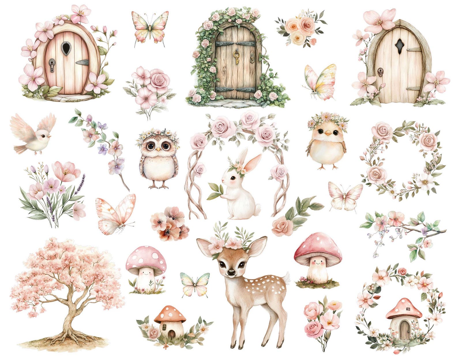 Watercolor Fairy Garden Little Pink Fairies Clipart Bundle,cute Forest ...