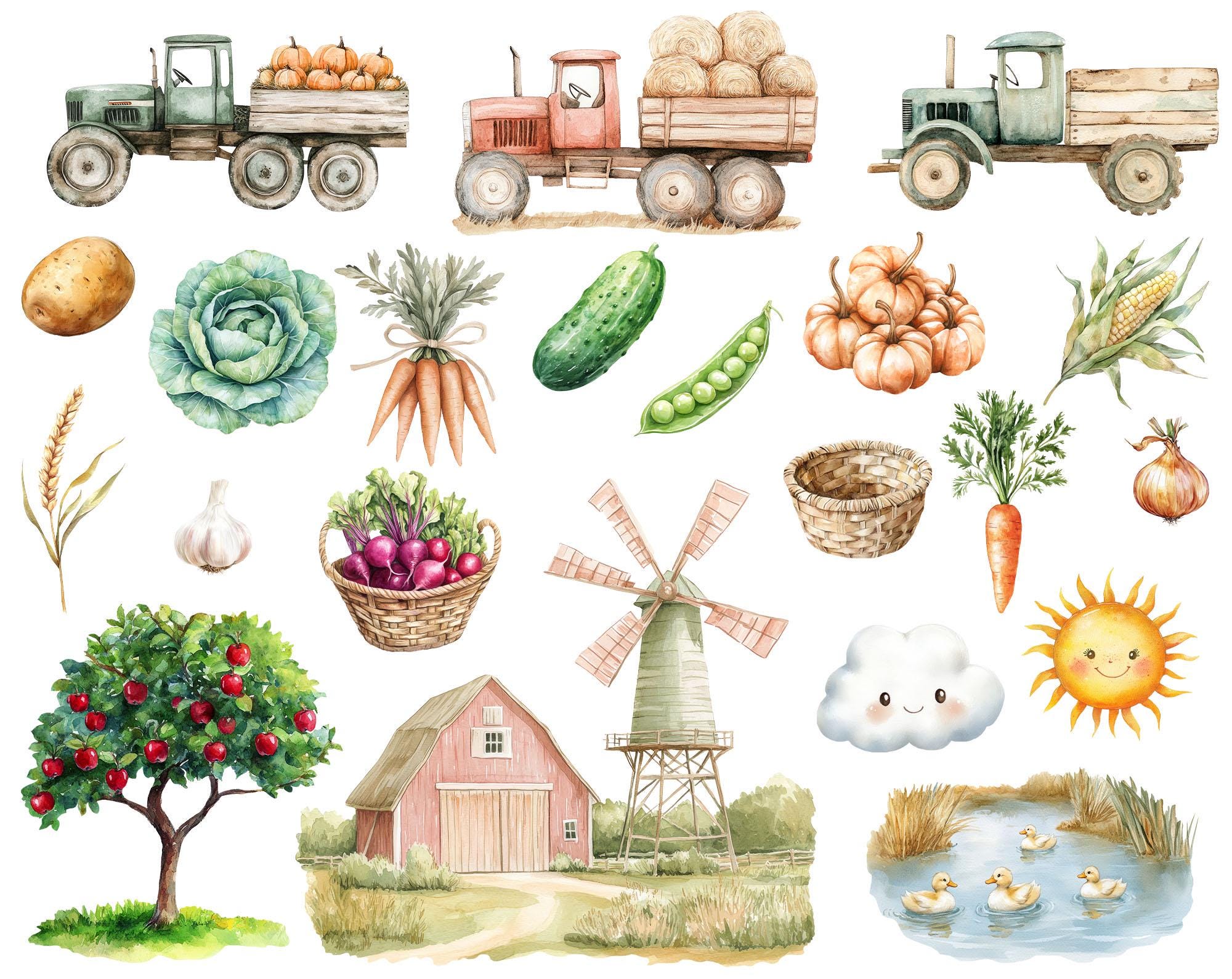 Watercolor Cute Baby Farm Animals Clipart Bundle, Cottage Nursery Art ...