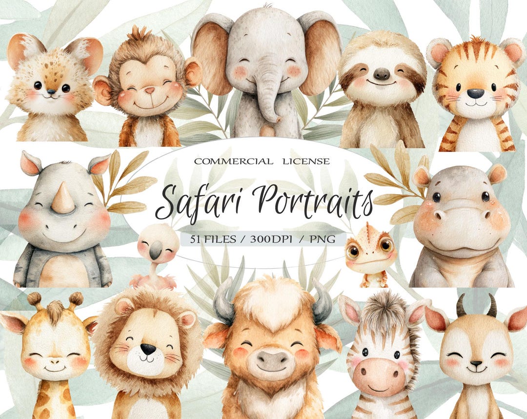 Safari Portraits Clipart Bundle, Watercolor Jungle Baby Animals PNG ...