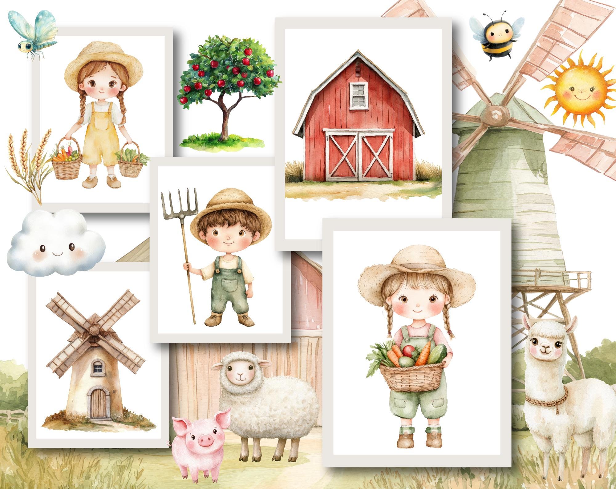 Watercolor Cute Baby Farm Animals Clipart Bundle, Cottage Nursery Art ...
