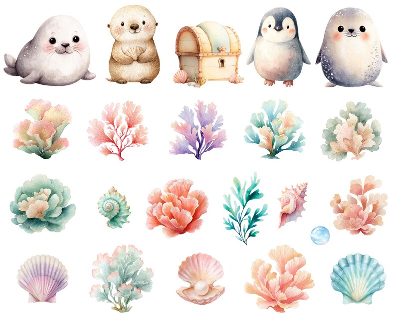 Watercolor Undersea Babies Fish Animals Clipart Bundle, Cute Ocean Sea ...
