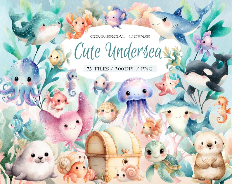 Watercolor Undersea Babies Fish Animals Clipart Bundle, Cute Ocean Sea ...