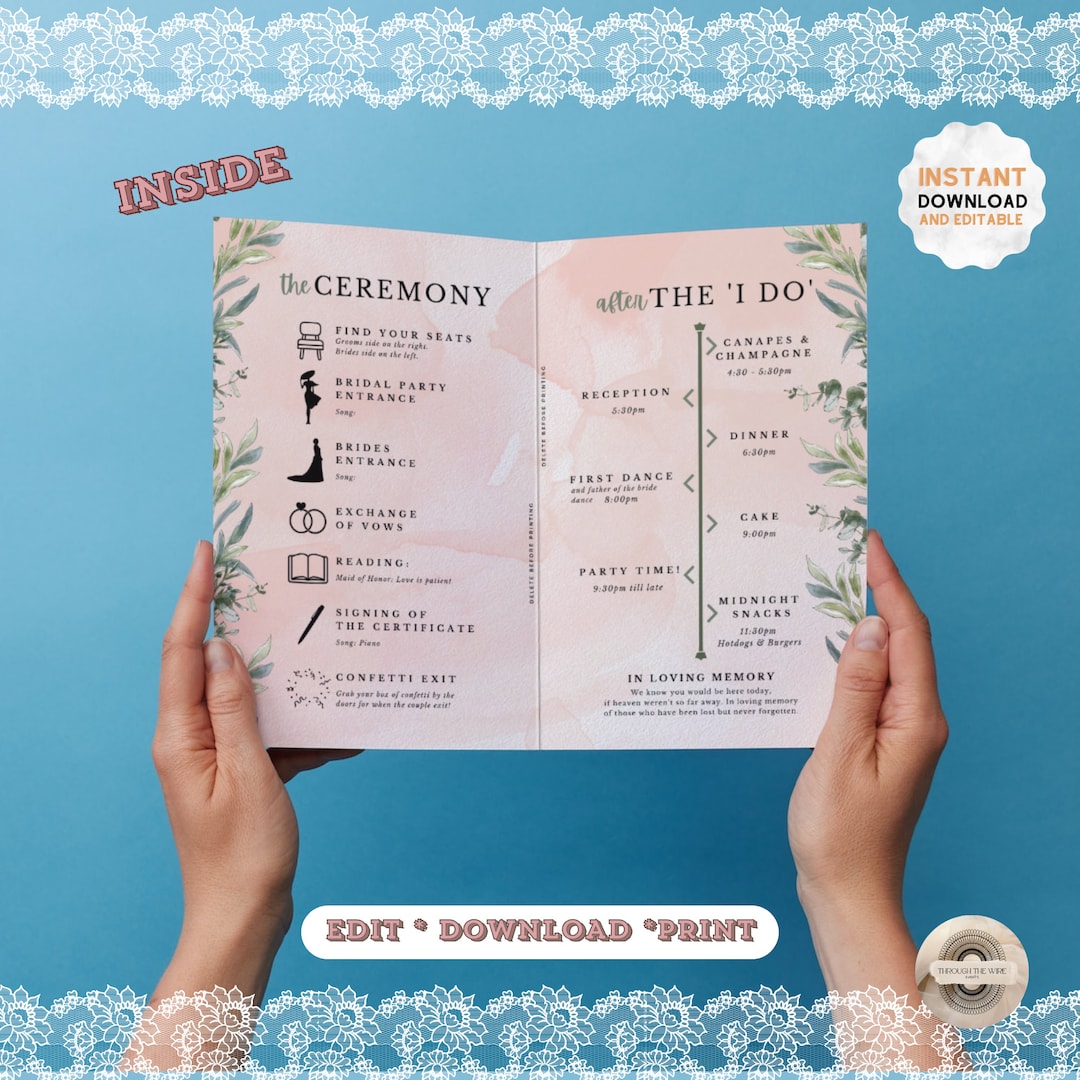 Sage & Blush Wedding Program Template, DIY Wedding Program, Order of Service, Church Program ...