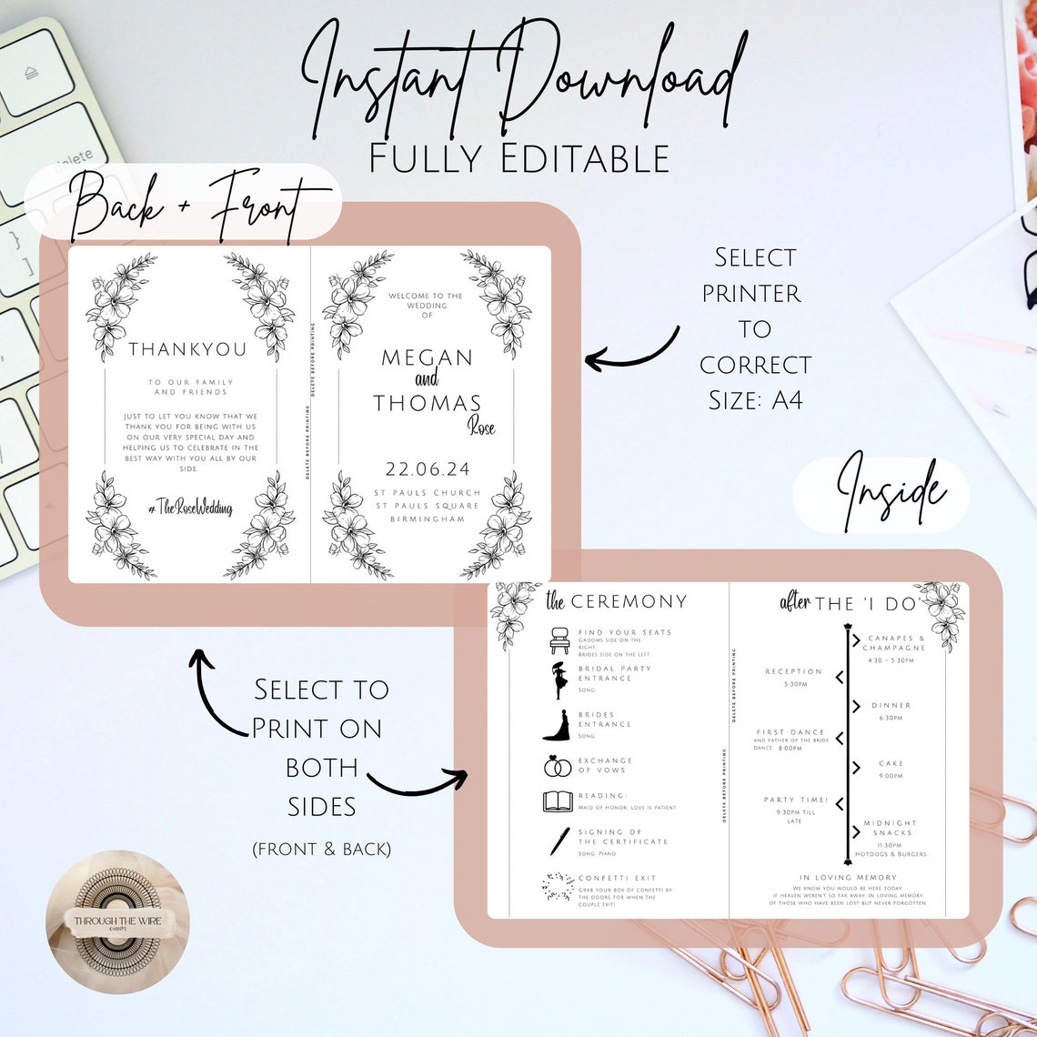 Elegant Wedding Program Template, DIY Wedding Program, Order of Service ...