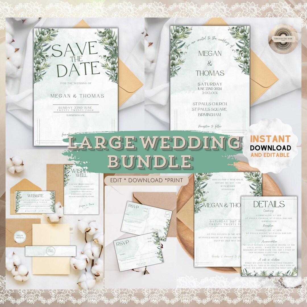 Greenery Wedding Bundle Template, Party Stationary Bundle, Printable ...