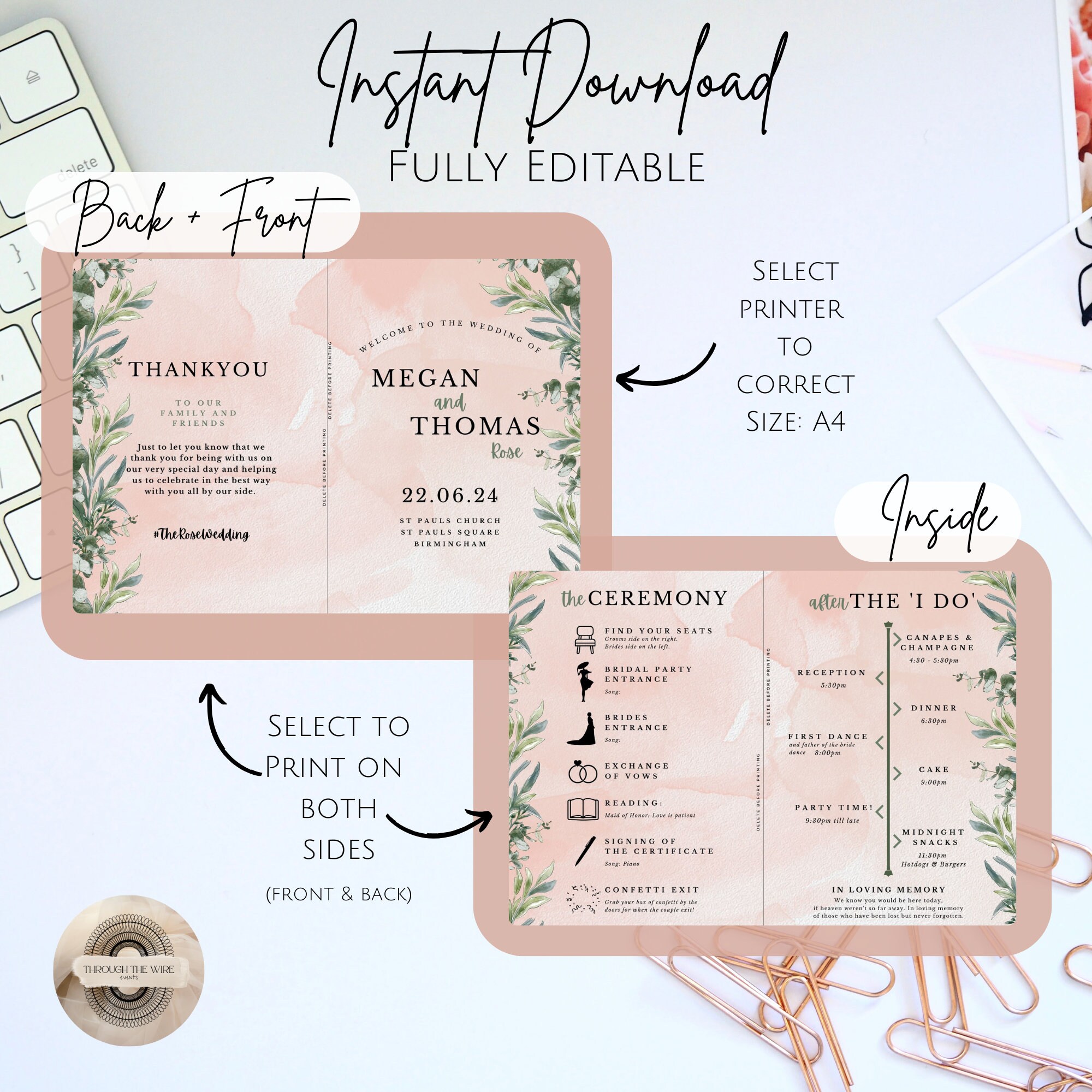 Sage & Blush Wedding Program Template, DIY Wedding Program, Order of Service, Church Program ...