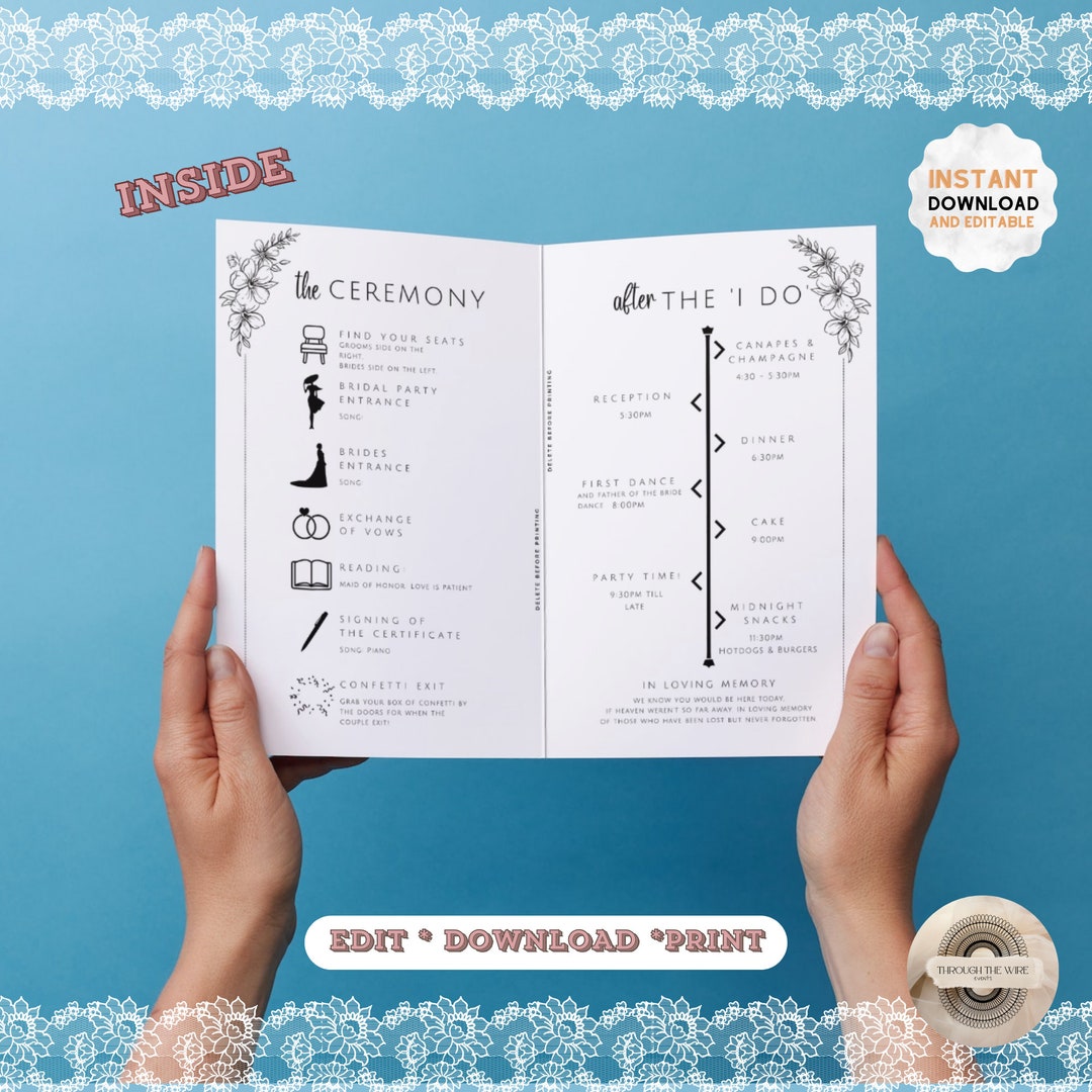 Elegant Wedding Program Template, DIY Wedding Program, Order of Service, Simple Church Program ...