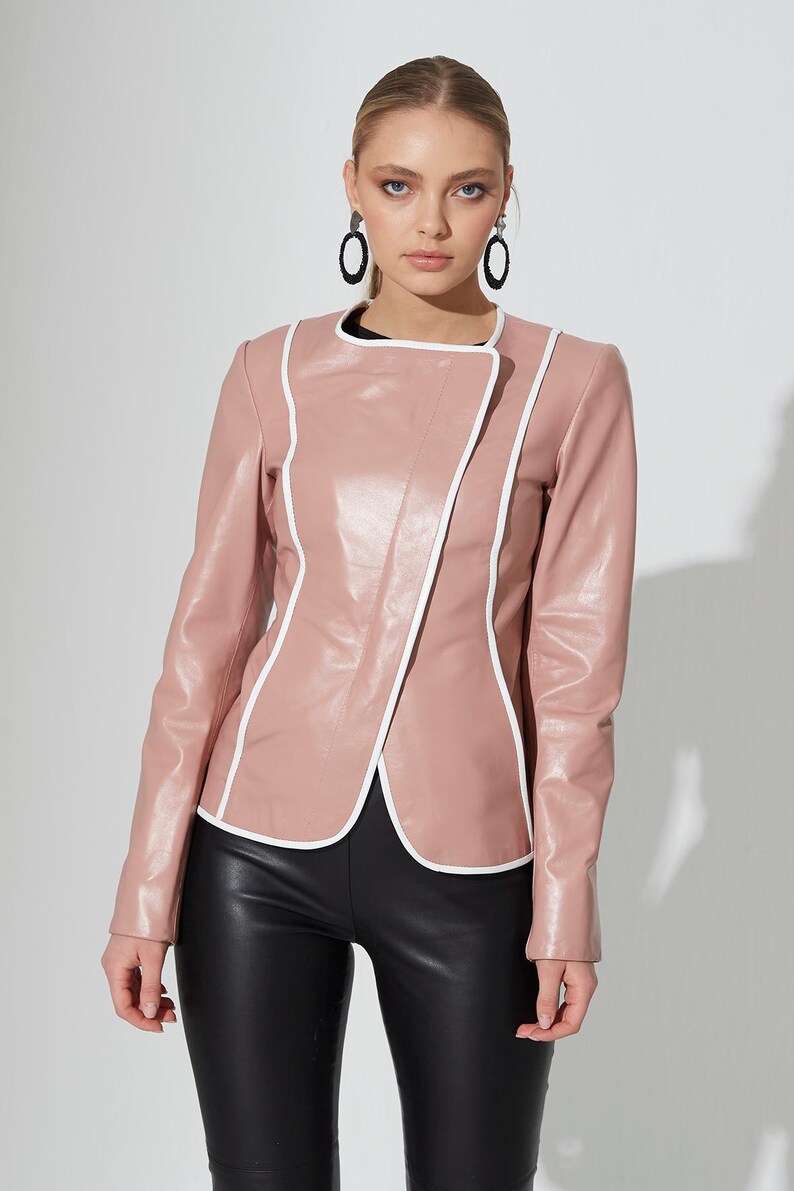 Women Black Genuine Leather Jacket, Asymmetrical White Trim, Blazer, Modern Chic - Etsy UK