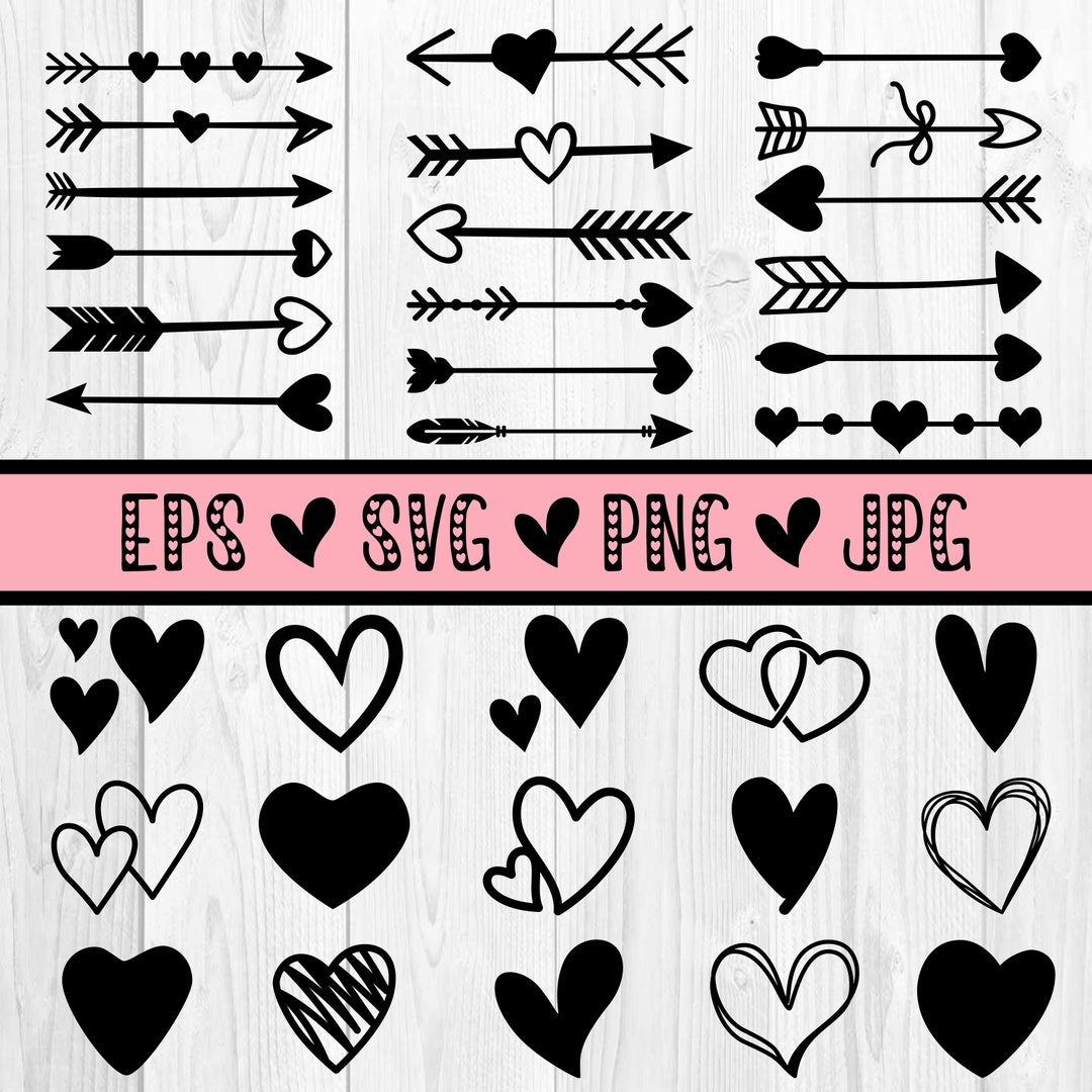 Valentine Arrow Heart Svg Bundle, Hand Drawn Heart Arrow Svg, Heart Clipart, Valentines Svg ...