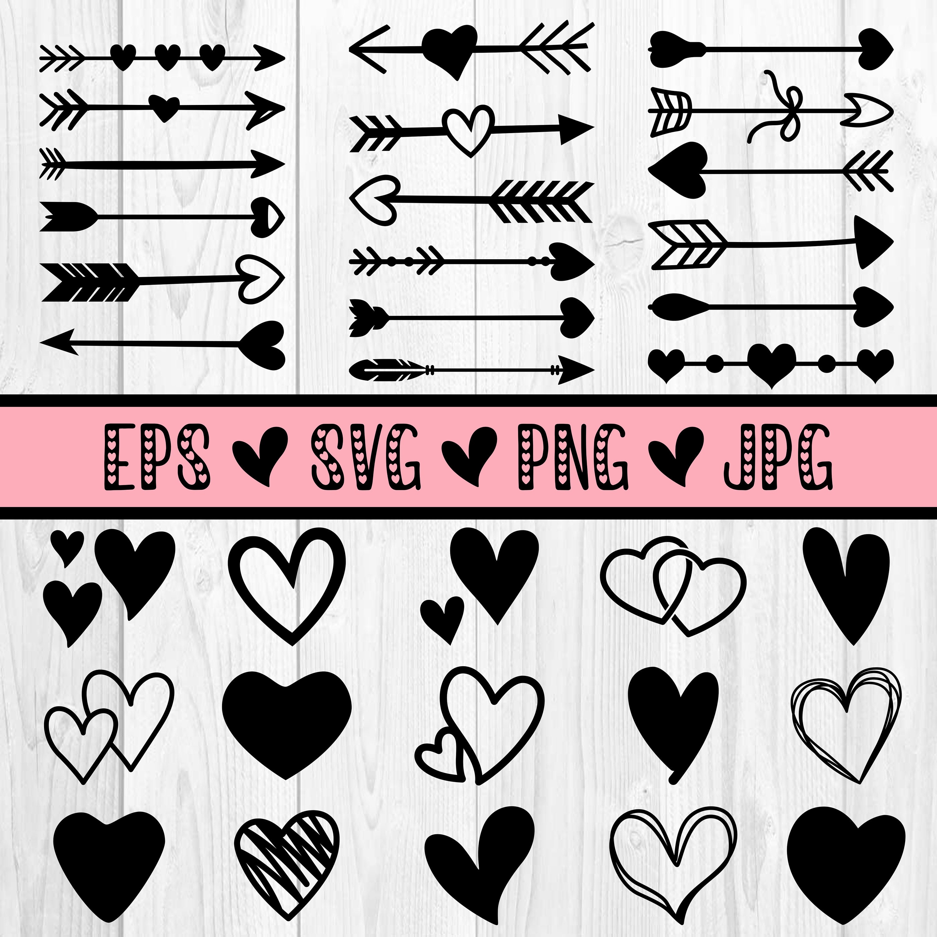 Valentine Arrow Heart Svg Bundle, Hand Drawn Heart Arrow Svg, Heart Clipart, Valentines Svg ...