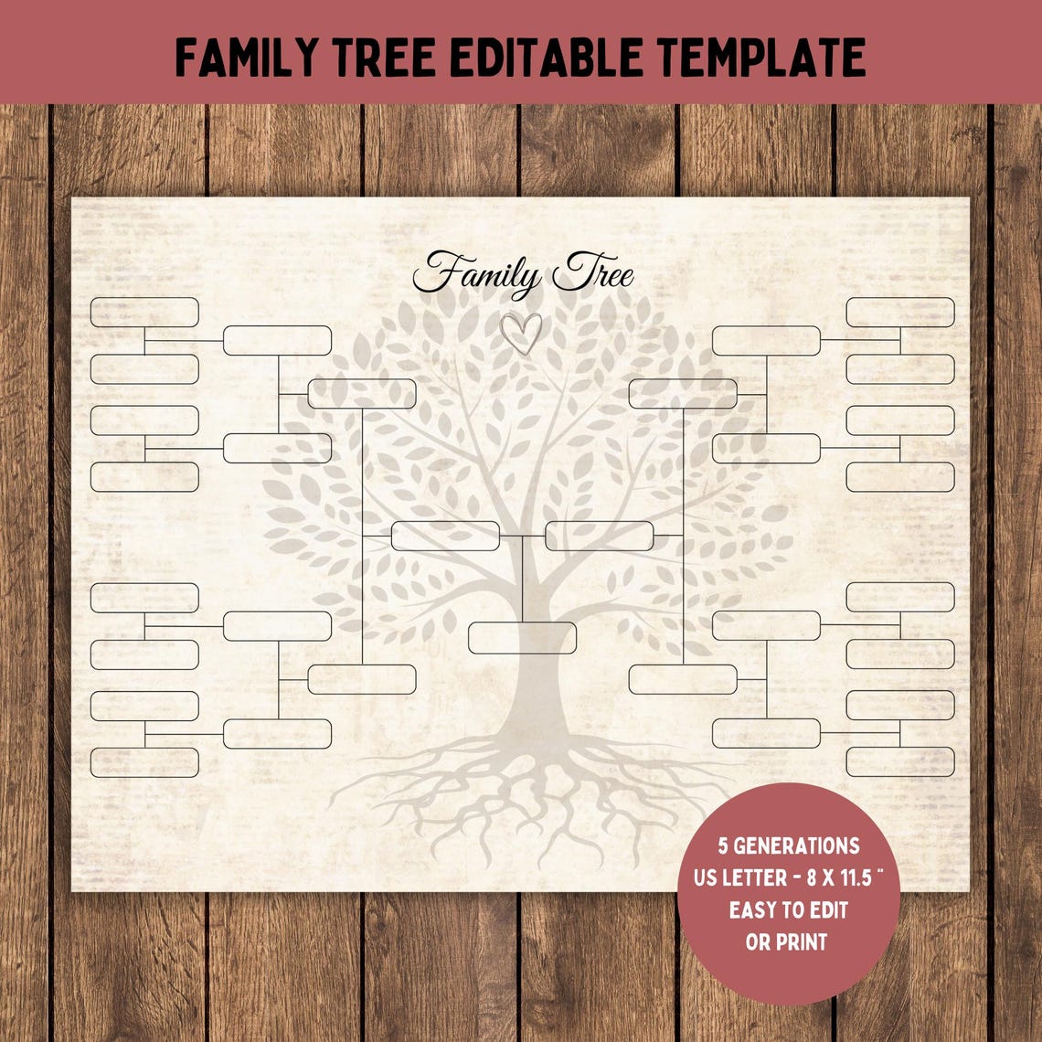 Editable Family Tree Chart: 5 Generation Genealogy (digital Download ...