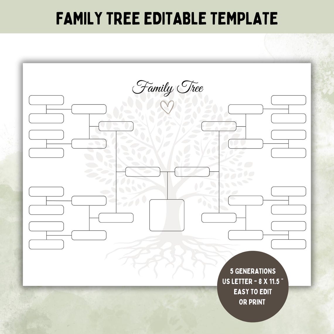 Editable Family Tree Chart: 5 Generation Genealogy (digital Download ...