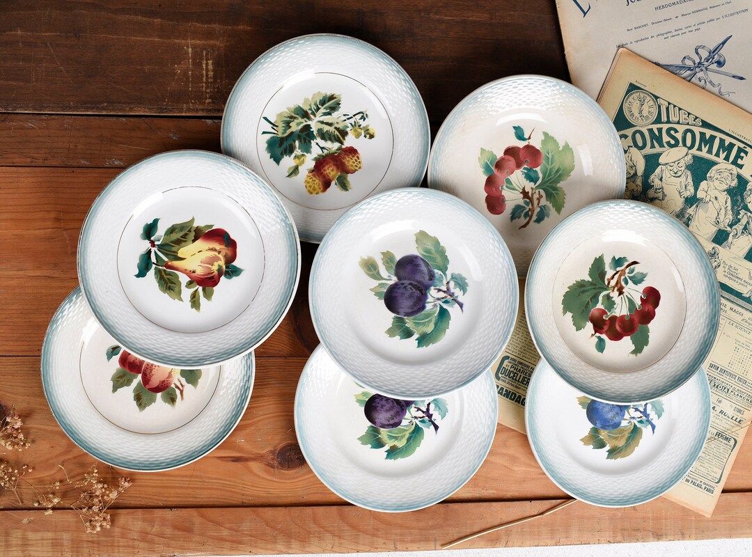 Vintage Fruit Plates, French Country Dessert Plates, Set of 8, 1950s St ...