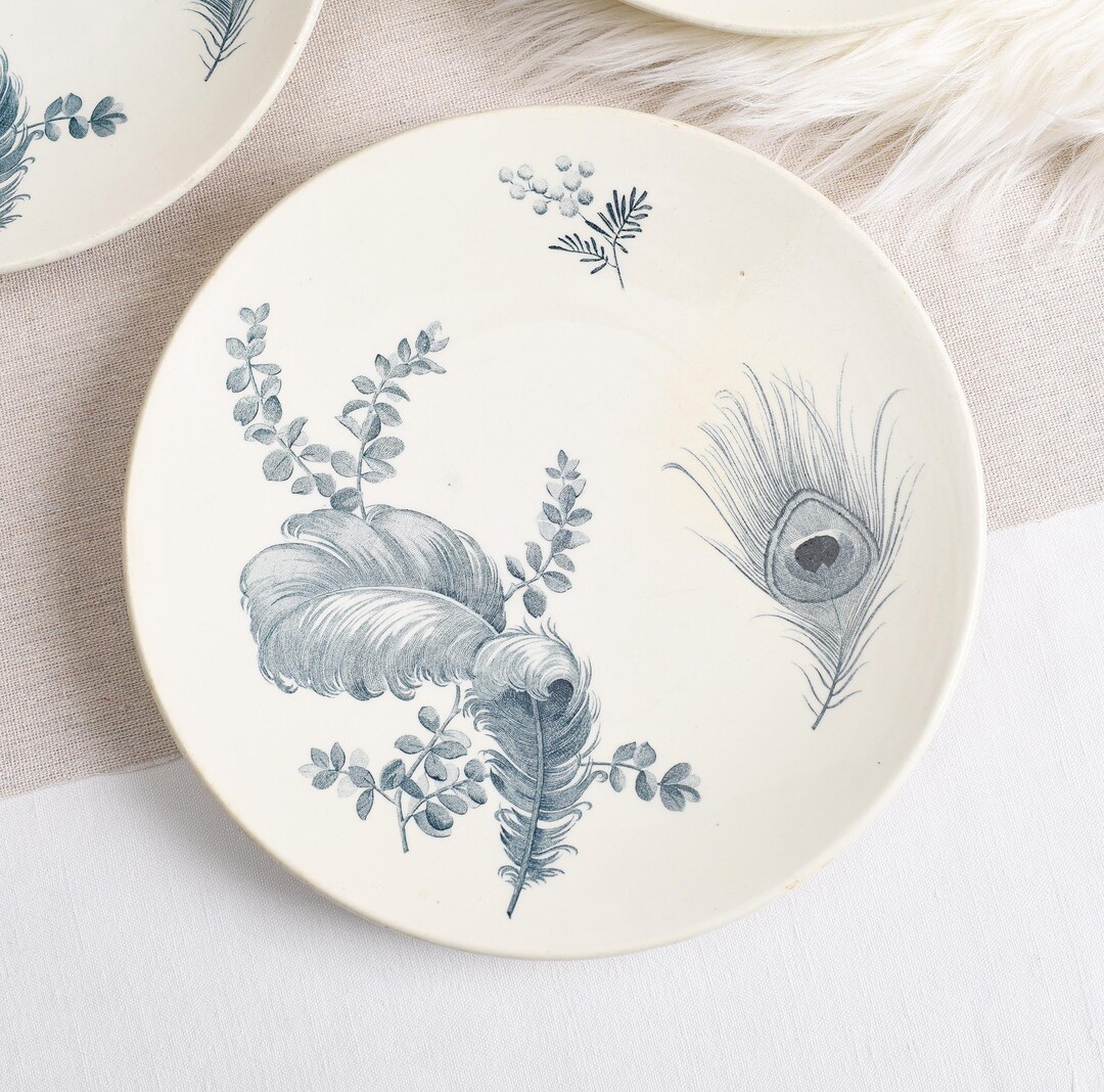 Antique French Luneville Ironstone Plates – 1920s Blue Feather ...