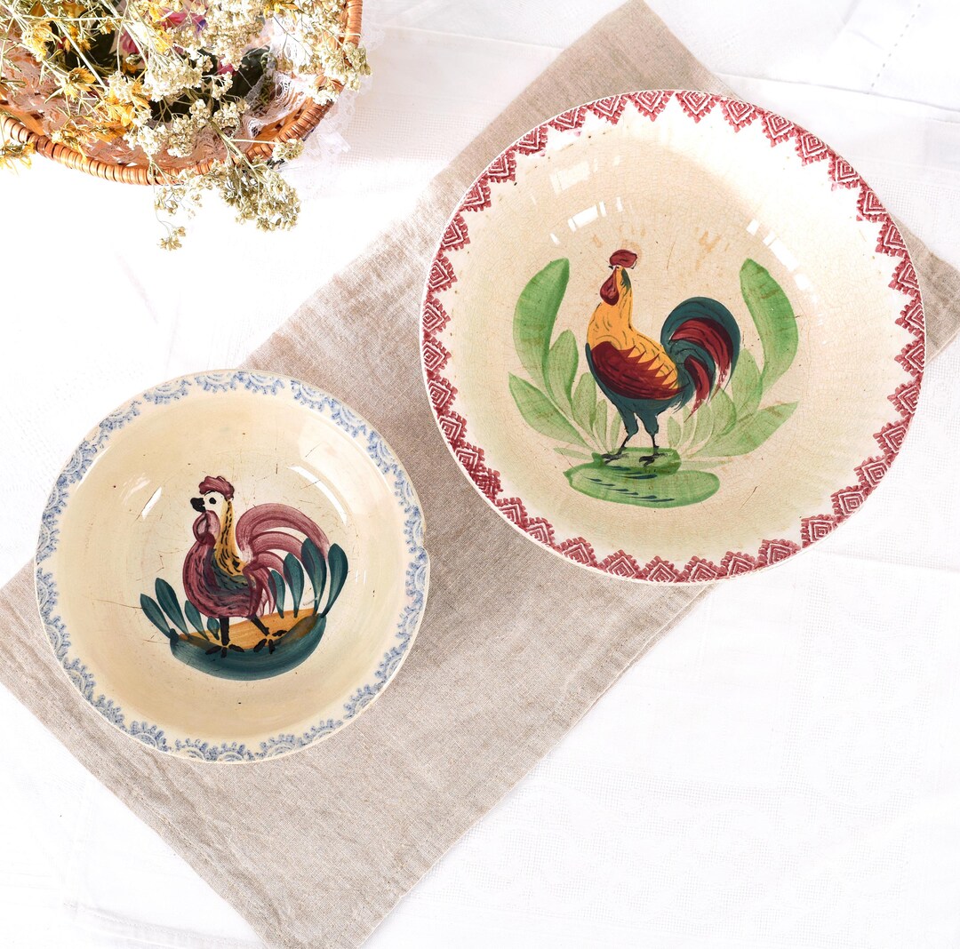 Vintage French Country Plates Choisy Le Roi – Rustic Farmhouse Rooster ...