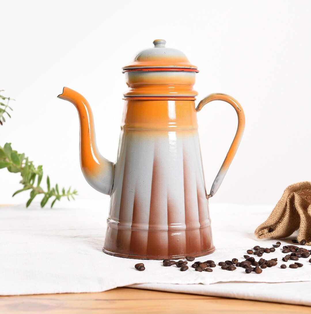 Antique Orange Enamel Coffee Pot. Vintage Pot With Lid. Bright Orange ...