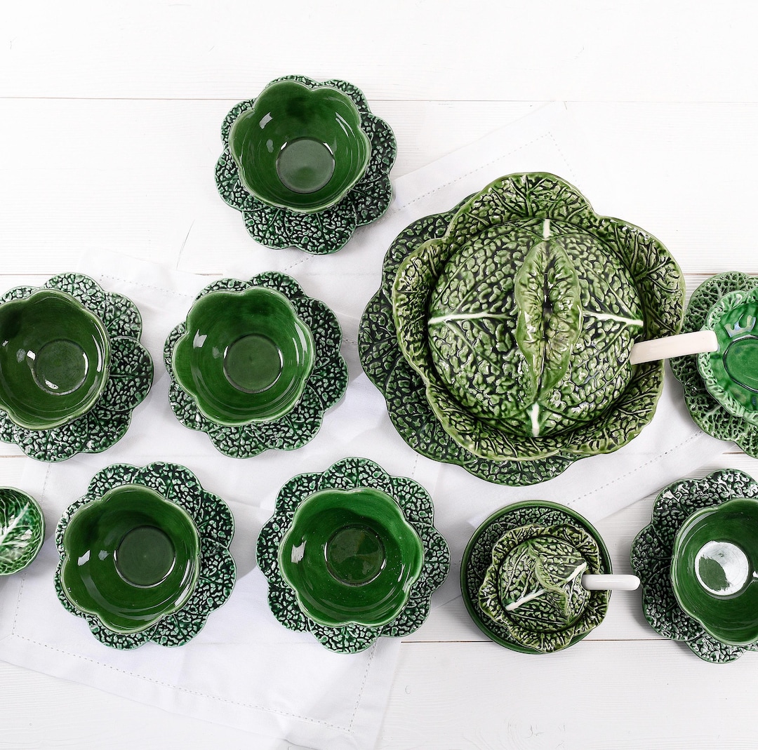 Vintage Majolica Cabbage Leaf Dinnerware Set, Green Ceramic Soup Tureen ...