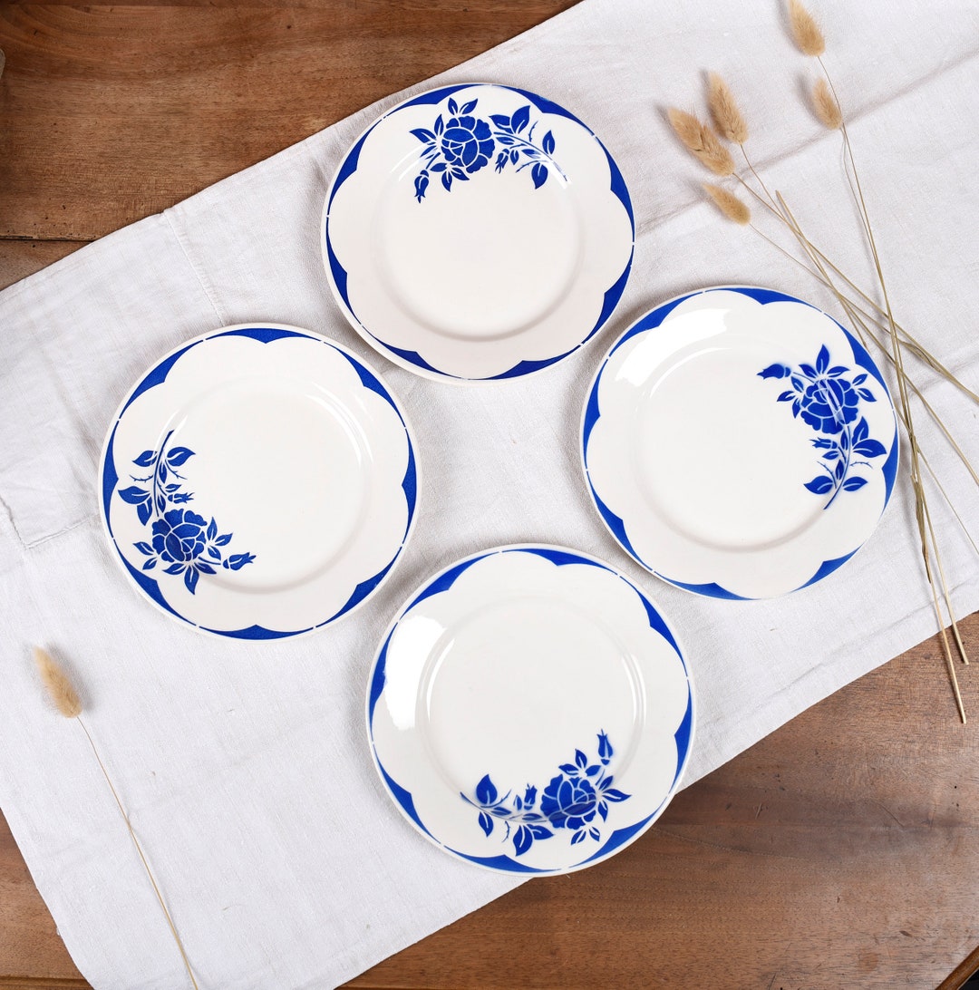 Vintage French Dinner Plates Set of 4 Blue and White Floral Dishes ...